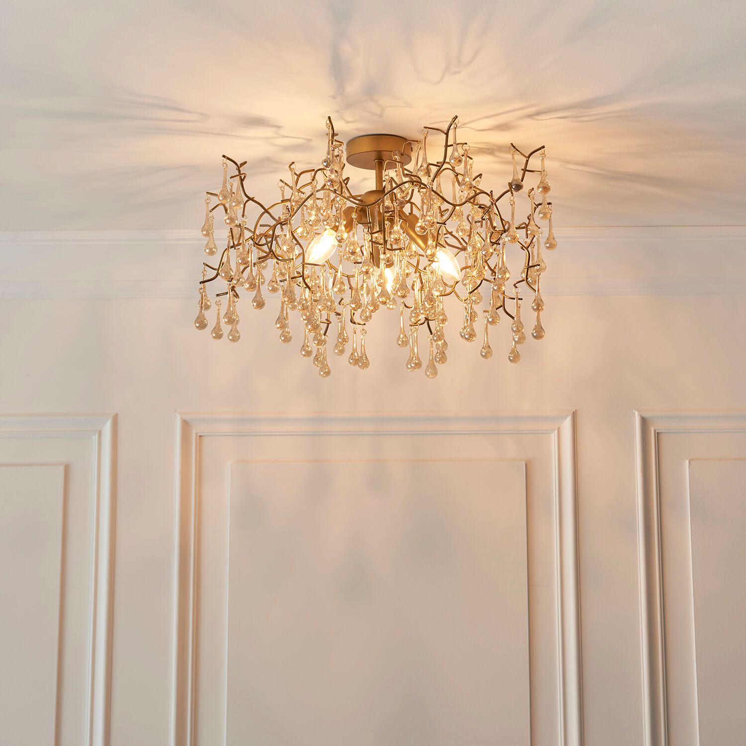 Aged gold branch semi-flush ceiling light with glass droplets - 072874 ...