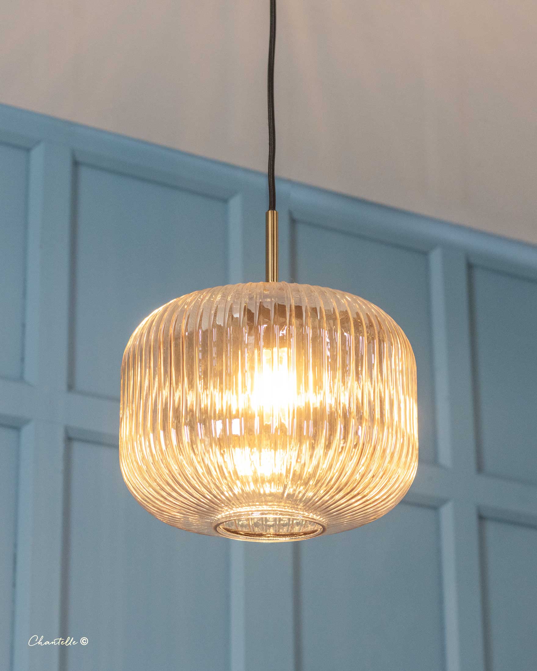 Natural Brass and Amber Ribbed Glass Pendant - 078198 - Chantelle Lighting